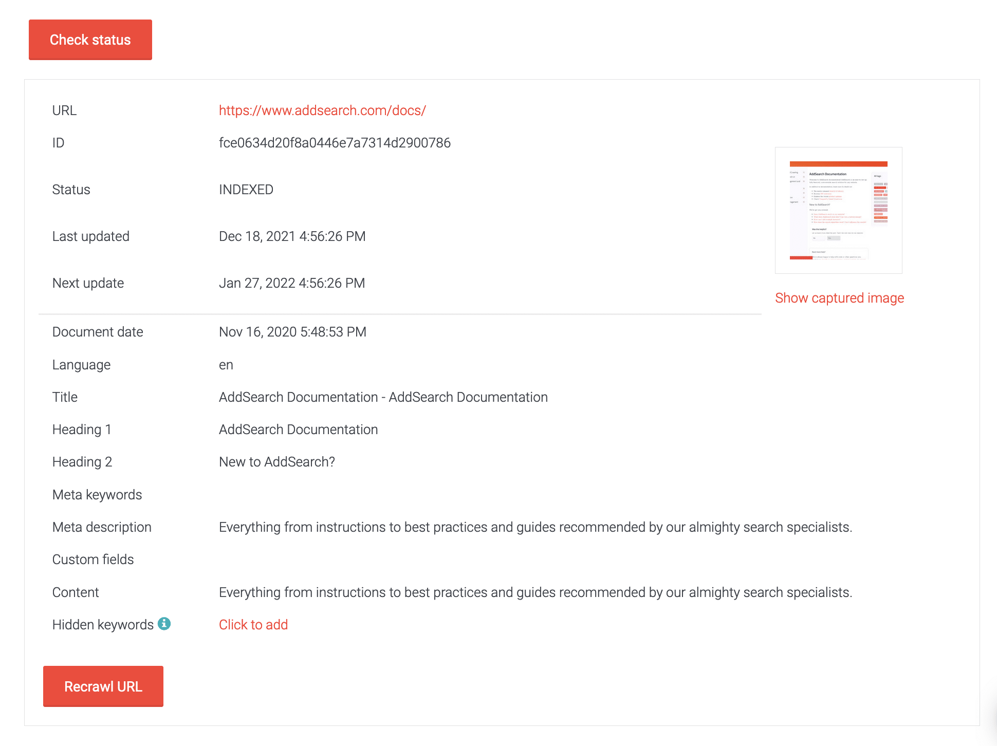 Index Tools Page Status - AddSearch